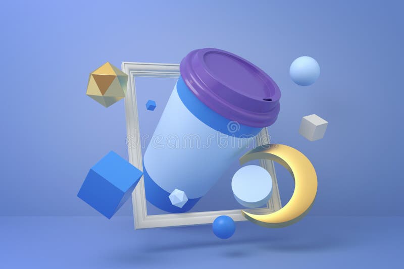 Spilled Coffee Cup with Floating Geometric Shapes Stock Illustration ...