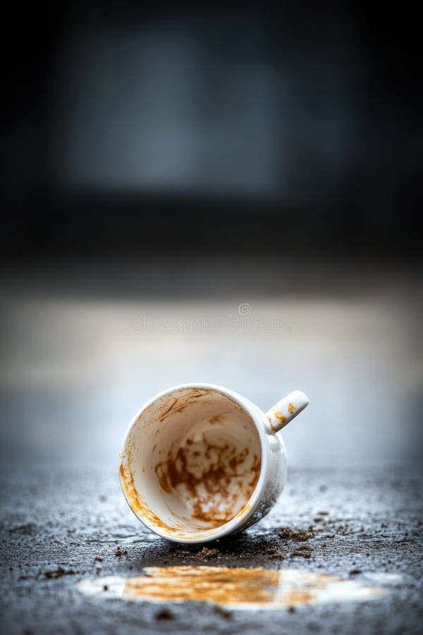 Spilled Coffee: Empty Mug on Wet Pavement in Dramatic Setting Stock ...