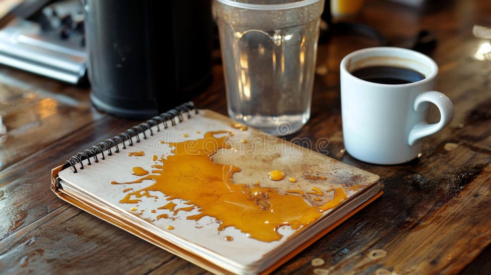 Spilled Coffee on Notebook beside Coffee Cup and Water Stock ...