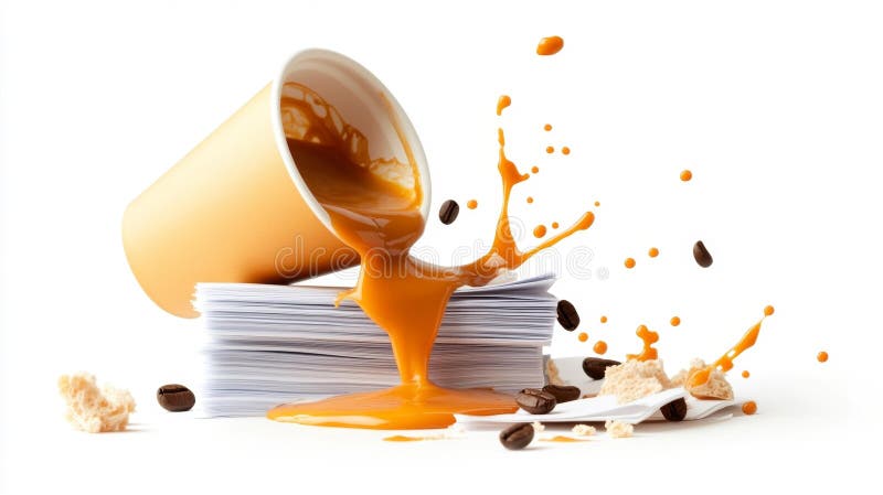 Spilled Coffee with Paper Stack and Coffee Beans on Isolated White ...
