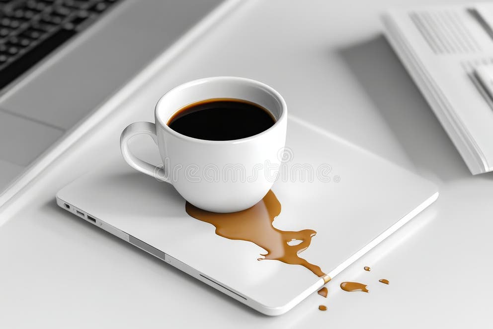 Spilled Coffee on Work Laptop in Office Stock Photo - Image of desk ...