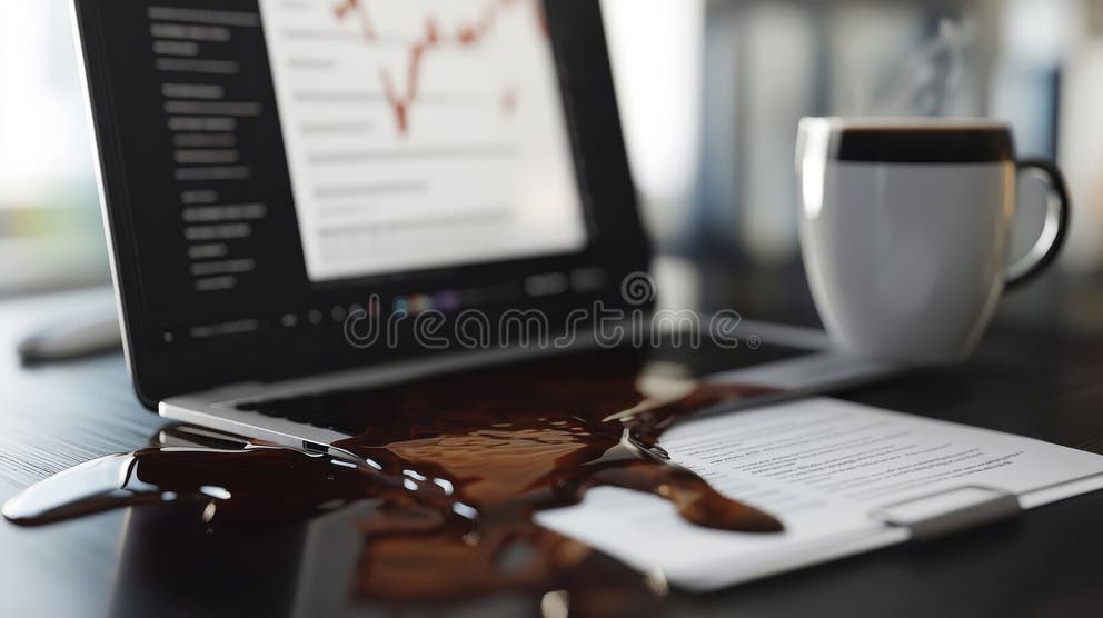 Spilled Coffee on Work Laptop in Office Stock Image - Image of notebook ...