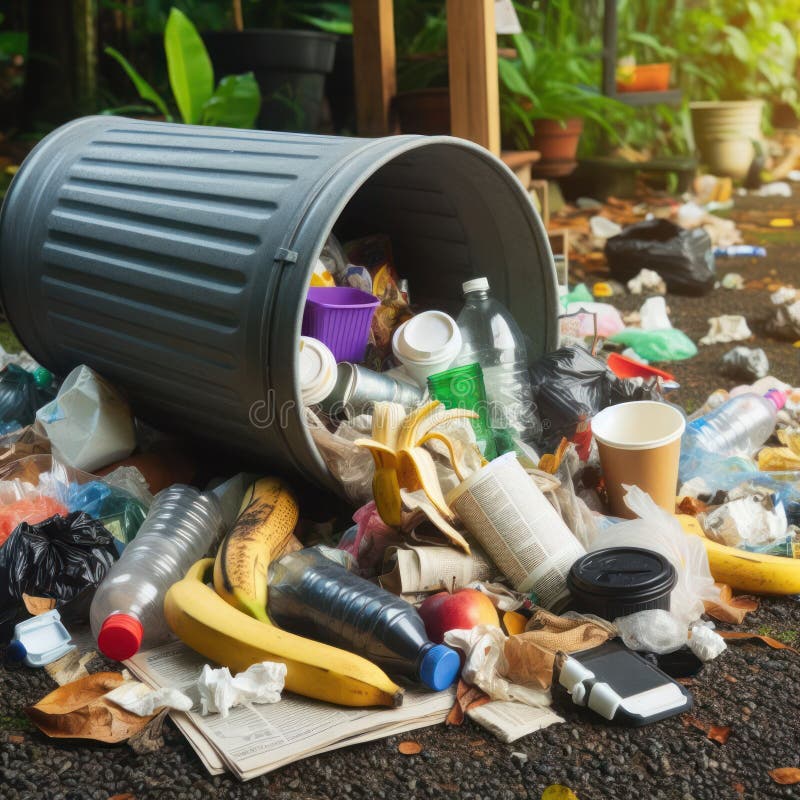 Spilled Garbage from an Overturned Trash Can. Stock Photo - Image of ...