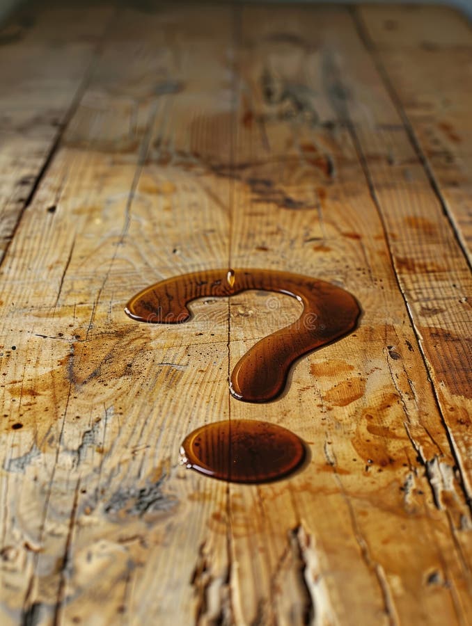 Spilled Liquid Forming a Question Mark on a Rustic Wooden Surface ...