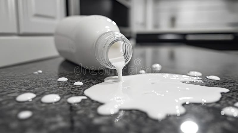Spilled Milk from Plastic Bottle on Kitchen Counter in Modern Setting ...