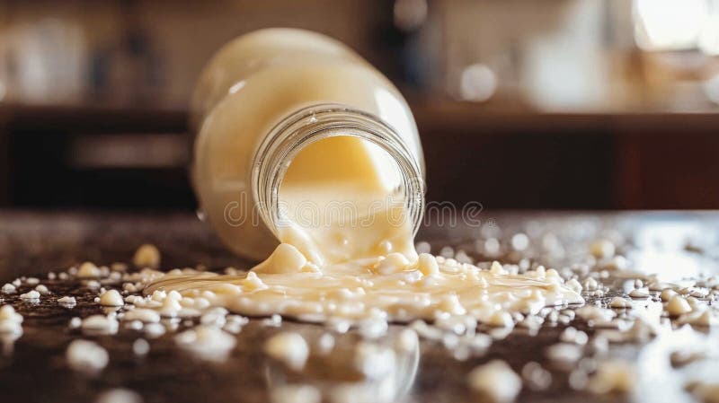 Spilled Milkshake on Countertop with Chocolate Chips and Glass Jar ...