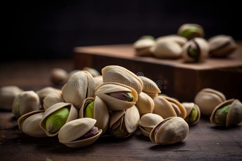Spilled Pistachio on a Wooden Surface Close-Up Nuts in Dim Light Stock ...