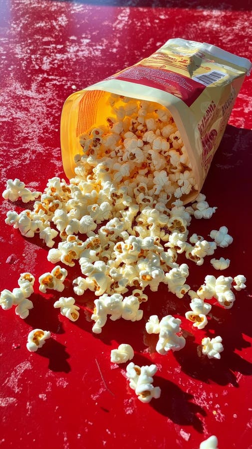 Spilled Popcorn Spilling from a Container on a Red Surface at a Casual ...