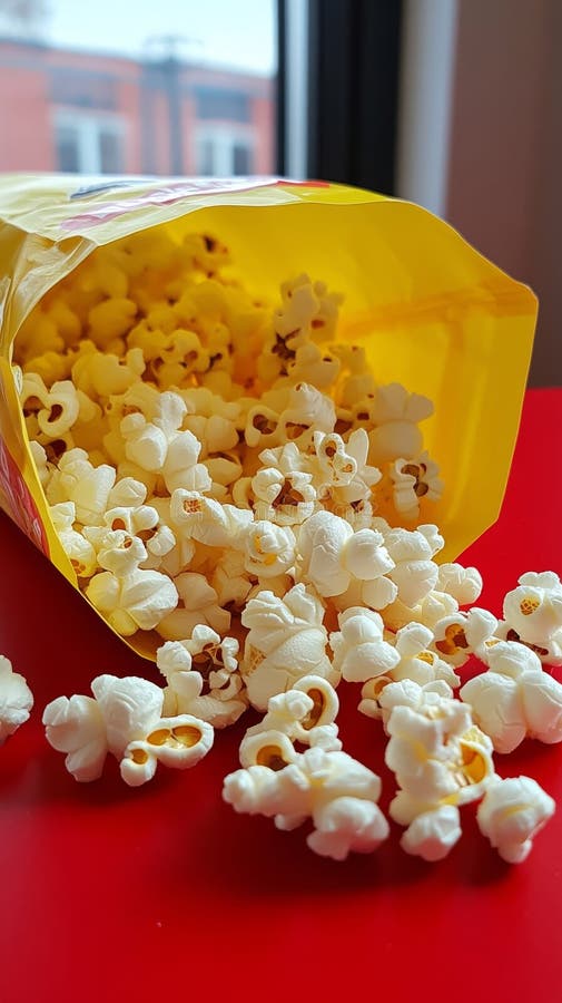 Spilled Popcorn Spilling from a Container on a Red Surface at a Casual ...