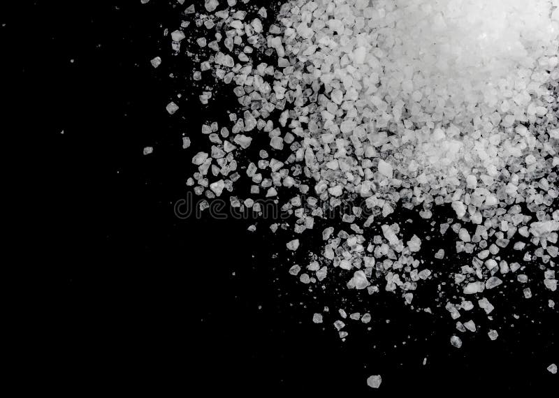 Spilled White Sea Salt on a Black Background. Transparent Pebbles on a ...
