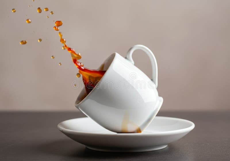 Spilling Coffee from White Ceramic Cup on Saucer with Droplets in ...