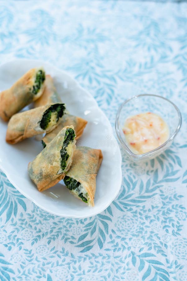 Spinach with Cheese in Deep Fried Spring Rolls Stock Image - Image of ...
