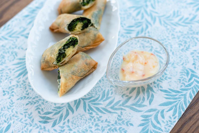 Spinach with Cheese in Deep Fried Spring Rolls Stock Photo - Image of ...