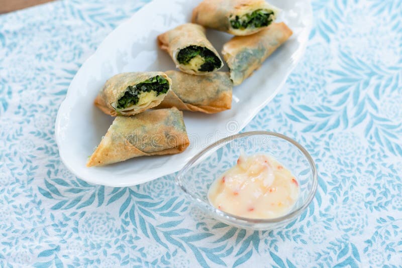 Spinach with Cheese in Deep Fried Spring Rolls Stock Photo - Image of ...