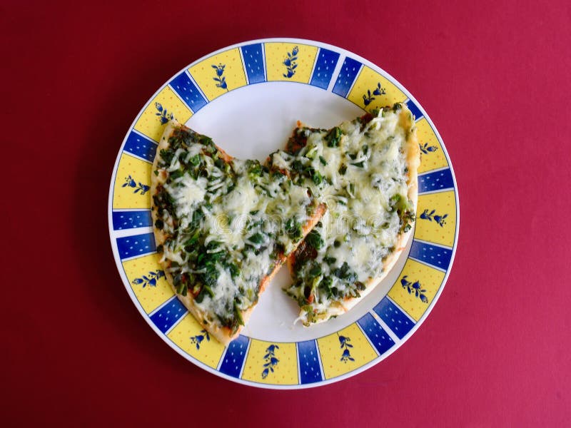 Spinach and Cheese Pizza on a Colorful Plate. Stock Illustration ...