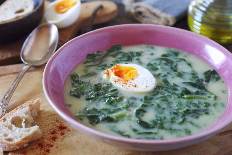 Spinach Cream Soup with Egg, Bread and Olive Oil Stock Image - Image of ...