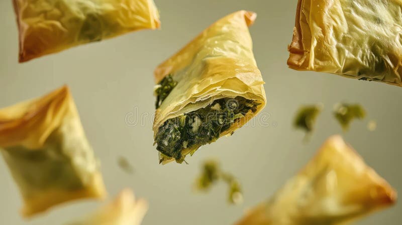 Spinach and Feta Phyllo Triangles in Flight Stock Illustration ...