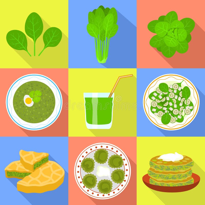 Spinach Icons Set, Flat Style Stock Vector - Illustration of natural ...