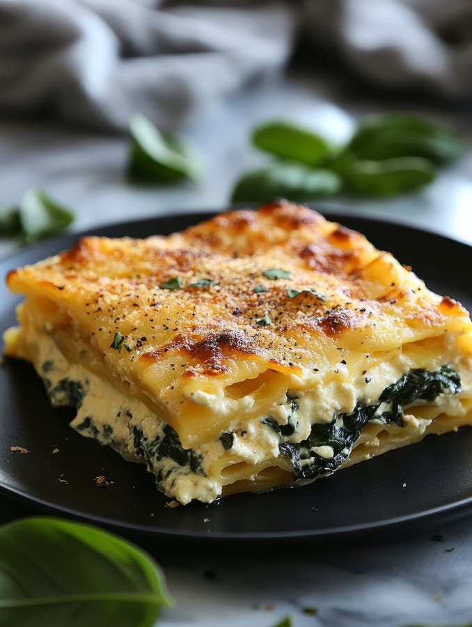 Spinach Lasagna Slice on a Black Plate with Garnish. Stock Photo ...