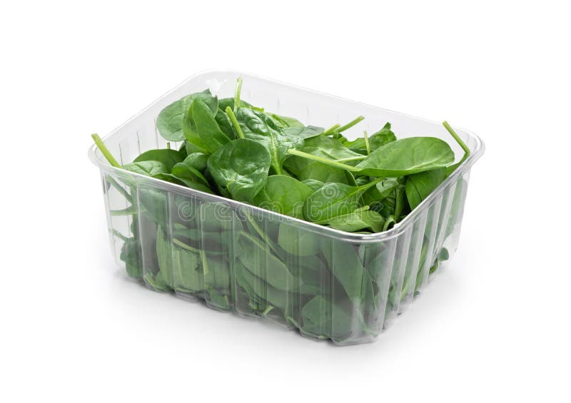 Spinach Leaves in Plastic Container Isolated on White Stock Photo ...