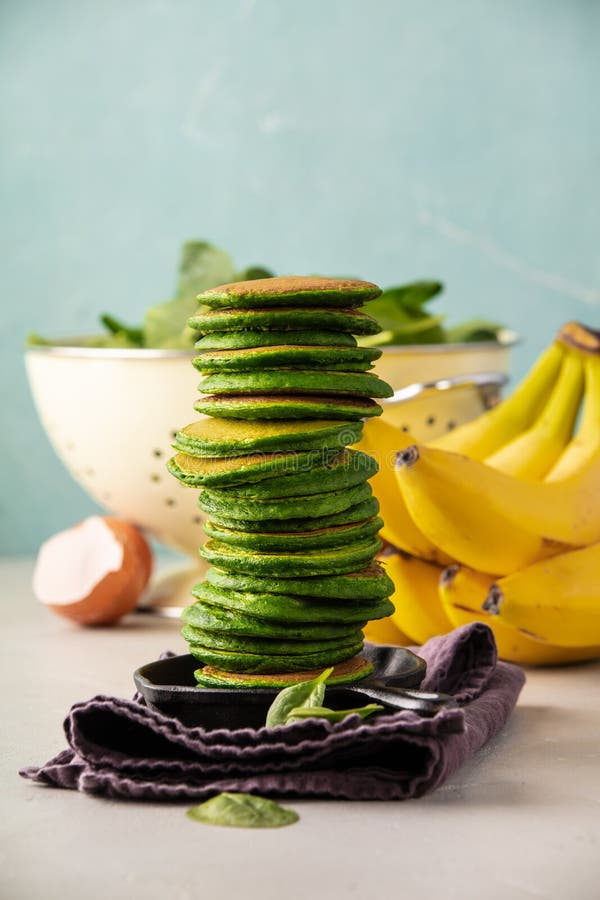 Spinach Pancakes Stack on Blue Background, Food and Drink Stock Image ...