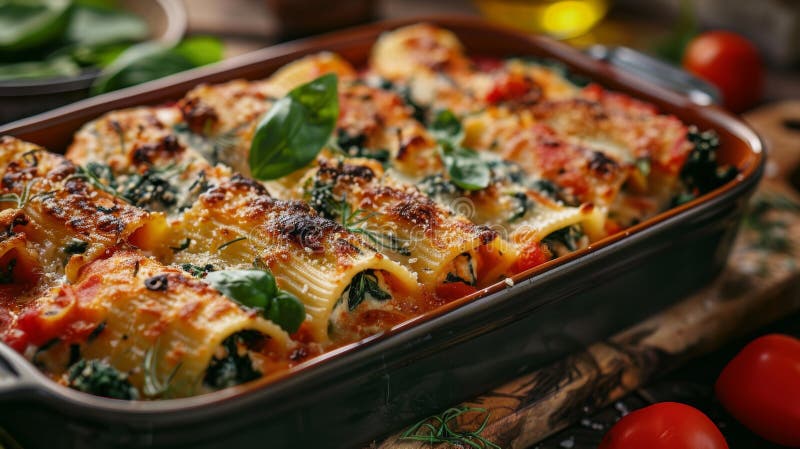 Spinach and Ricotta Stuffed Pasta Shell on a Dark Ceramic Dish Stock ...