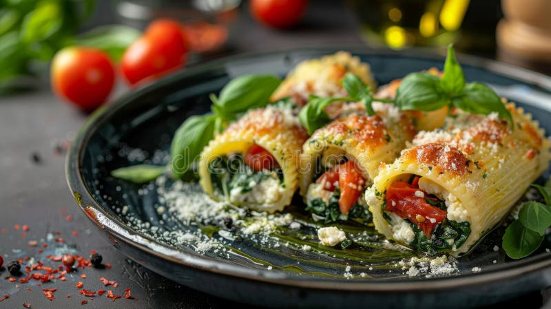 Spinach and Ricotta Stuffed Pasta Shell on a Dark Ceramic Dish Stock ...