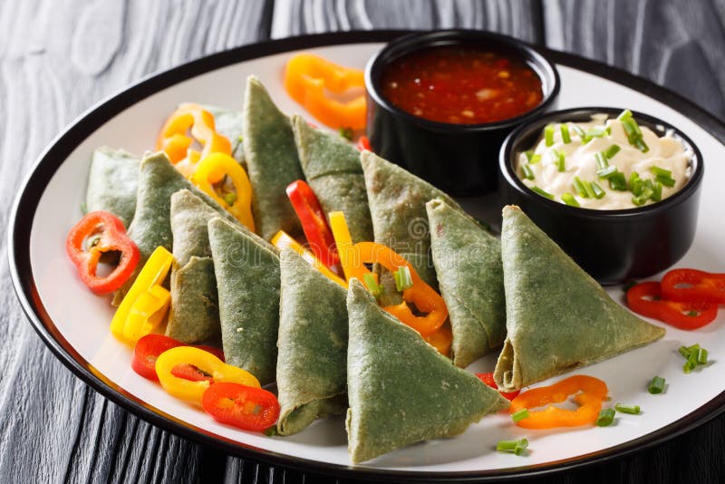 Samosa On A Plate With Sauce, Horizontal Top View Stock Image - Image ...