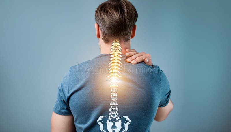 Spinal Health Visualization. Man Suffering from Back Pain with Glowing ...