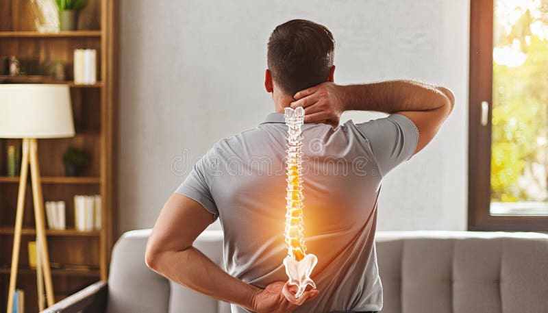 Spinal Health Visualization. Man Suffering from Back Pain with Glowing ...