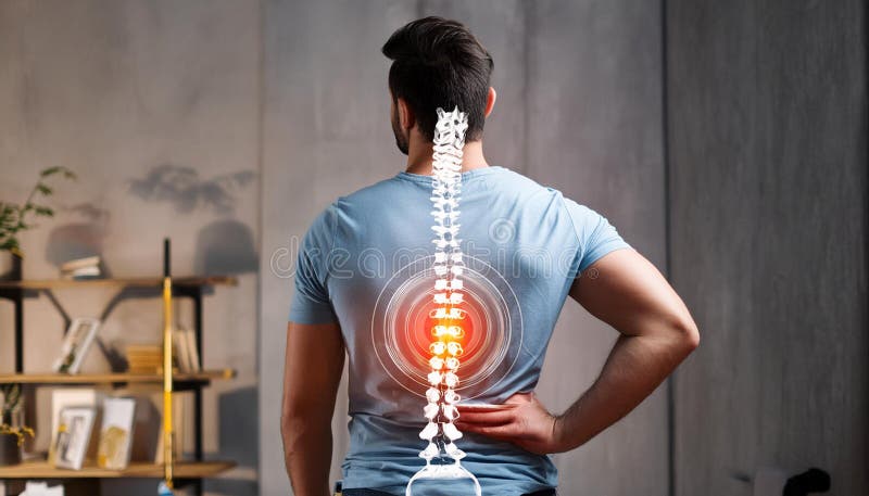 Spinal Health Visualization. Man Suffering from Back Pain with Glowing ...