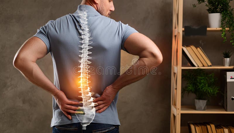 Spinal Health Visualization. Man Suffering from Back Pain with Glowing ...