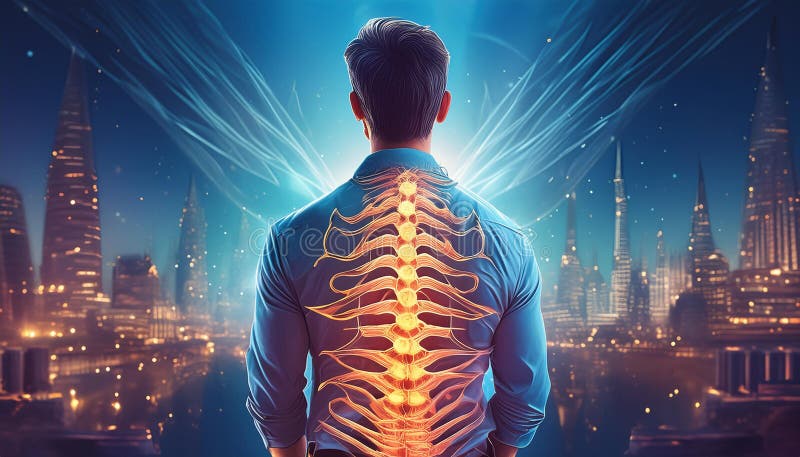 Spinal Health Visualization. Man Suffering from Back Pain with Glowing ...