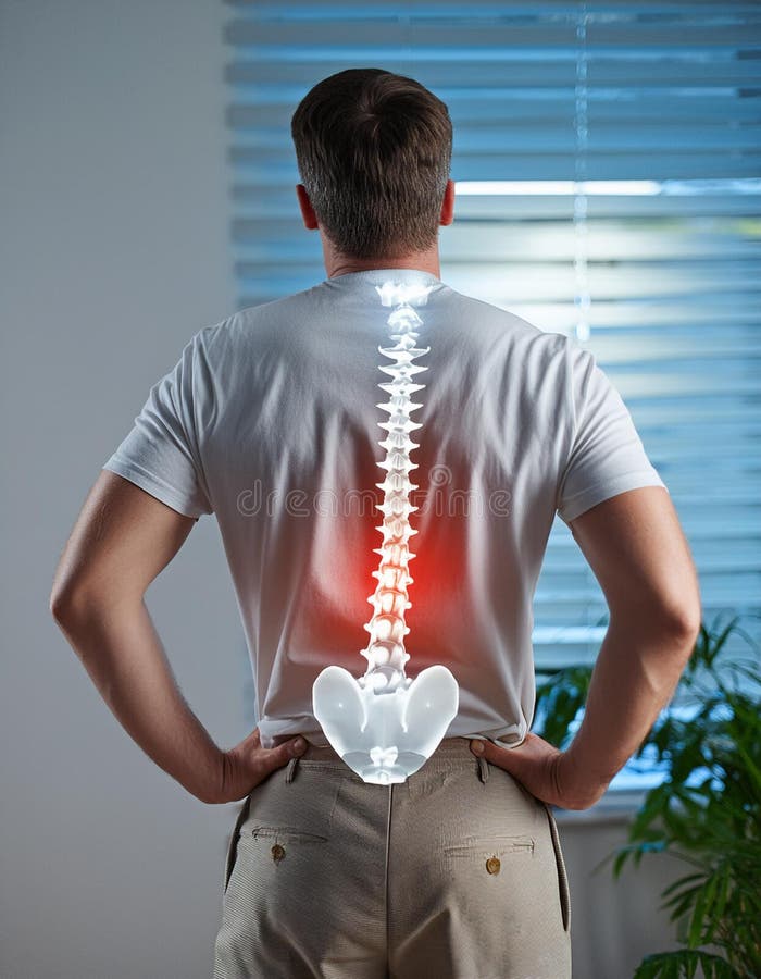Spinal Health Visualization. Man Suffering from Back Pain with Glowing ...
