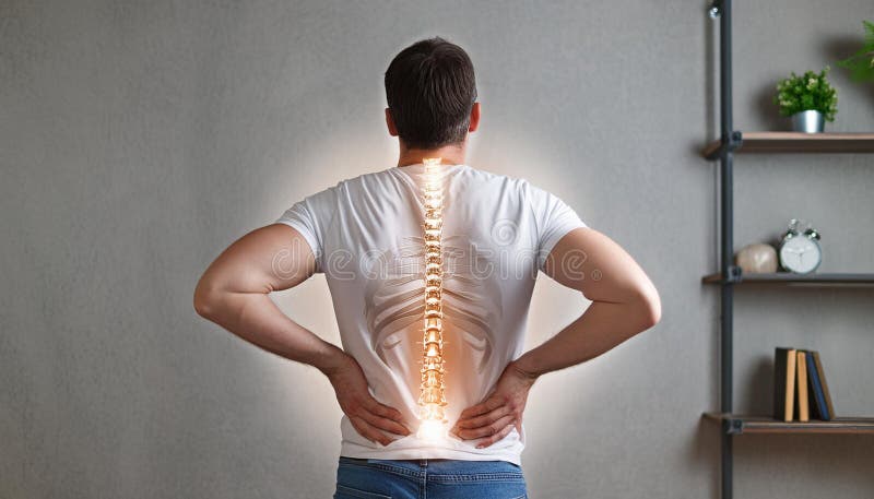 Spinal Health Visualization. Man Suffering from Back Pain with Glowing ...