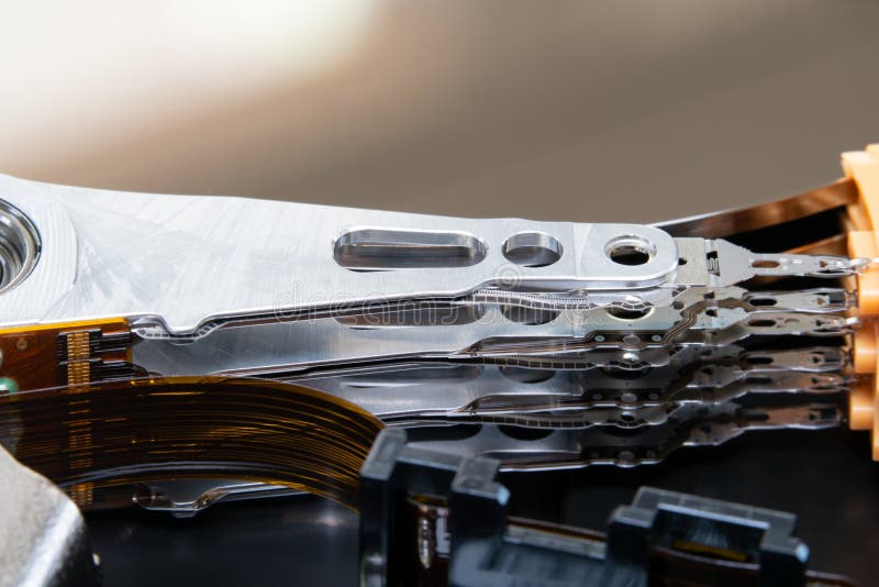 Spindle with Plate and Actuator Arm Opened Hard Disk Drive HDD. : Macro ...