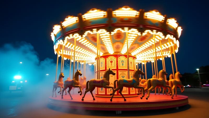 A Spinning Carousel Lit with Colorful Lights at Night Stock ...