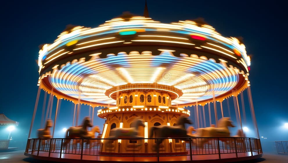 A Spinning Carousel Lit with Colorful Lights at Night Stock ...