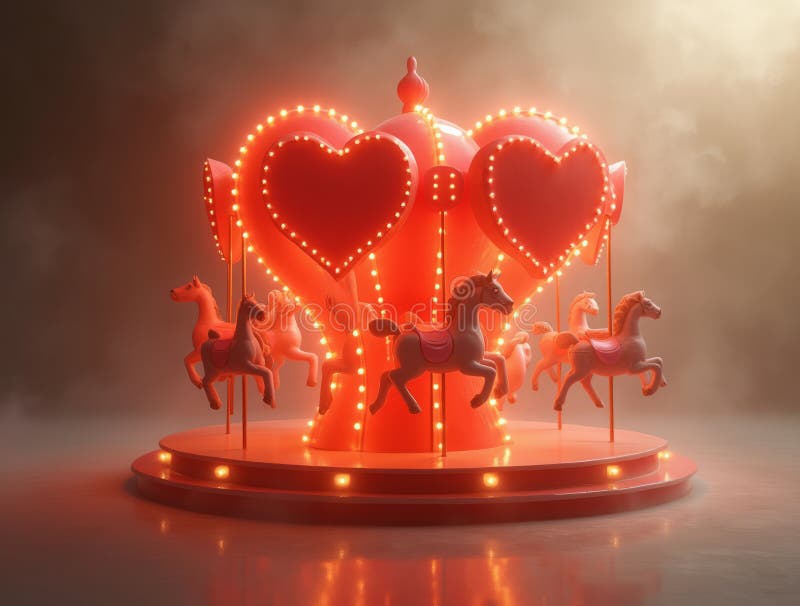 A Spinning Carousel in the Shape of a Glowing Red Heart with Tiny Heart ...