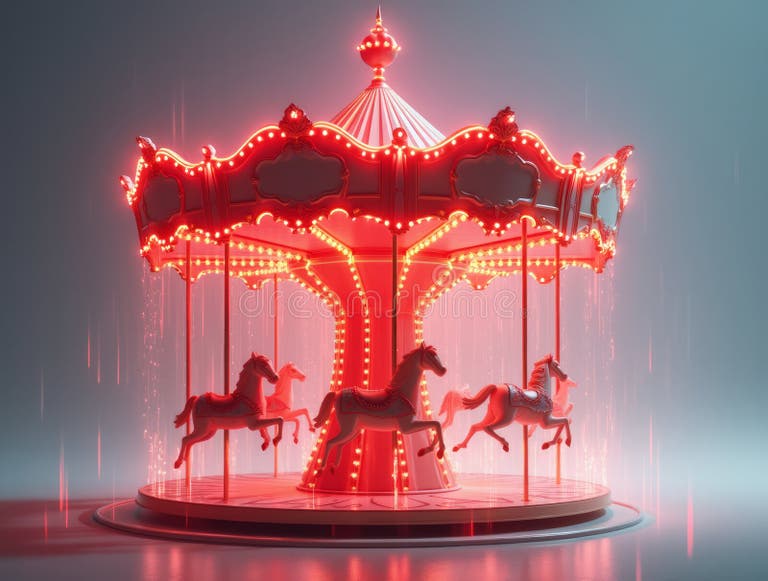 A Spinning Carousel in the Shape of a Glowing Red Heart with Tiny Heart-Shaped Seats Hanging ...