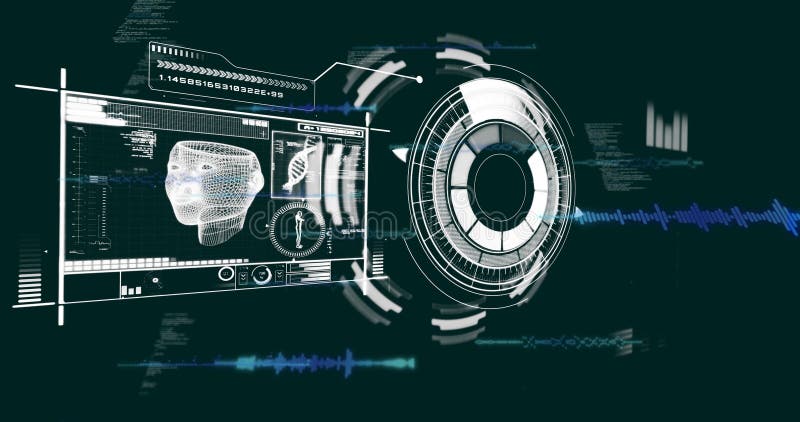 Spinning Circular HUD in Console with Wireframe Head Panel, Charts with ...