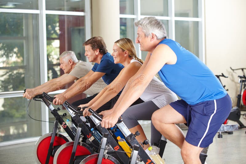 Spinning Class with Senior People in Gym Stock Photo - Image of rehab ...