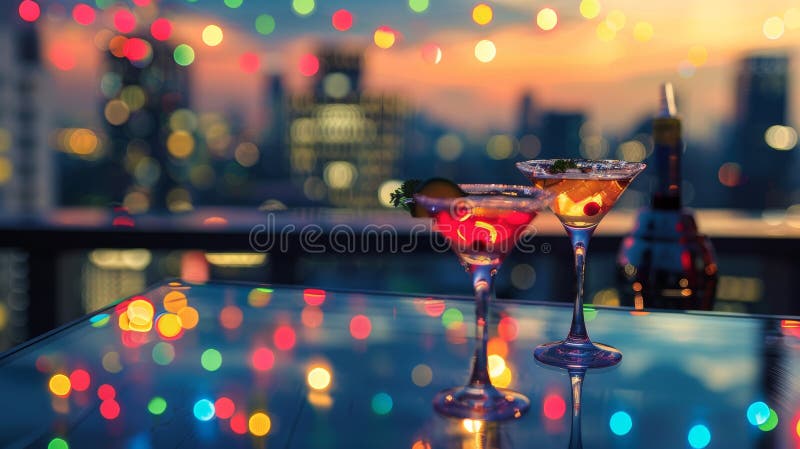 Spinning Cocktail Glasses Combined with a Rooftop Party Stock ...