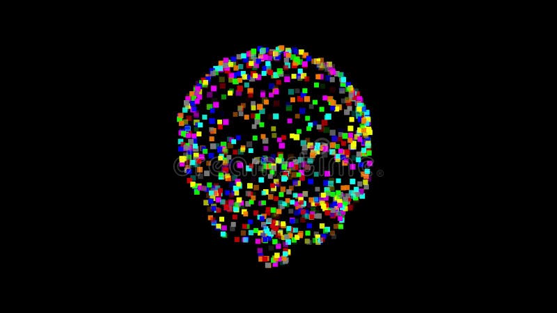 Spinning 3d Human Brain with Colorful Pixel Particles on Plain Black ...