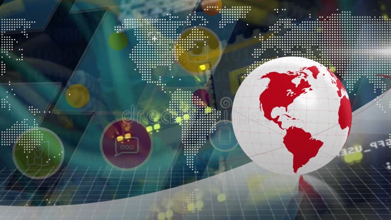 Spinning Globe and World Map Against Multiple Digital Icons and Data ...
