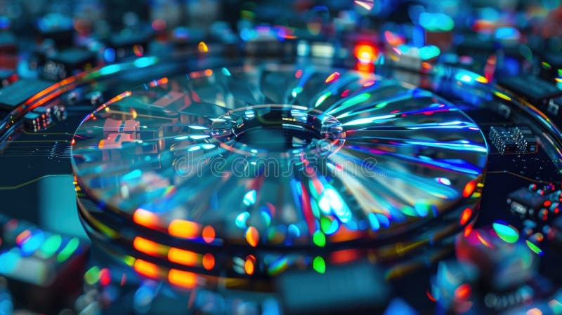 Spinning Optical Disc Reflecting Colorful Data Streams on Circuit Board ...