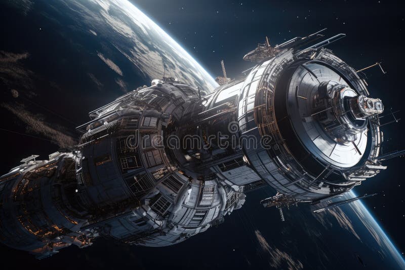 A Spinning Space Station, with the Earth Visible in the Background ...