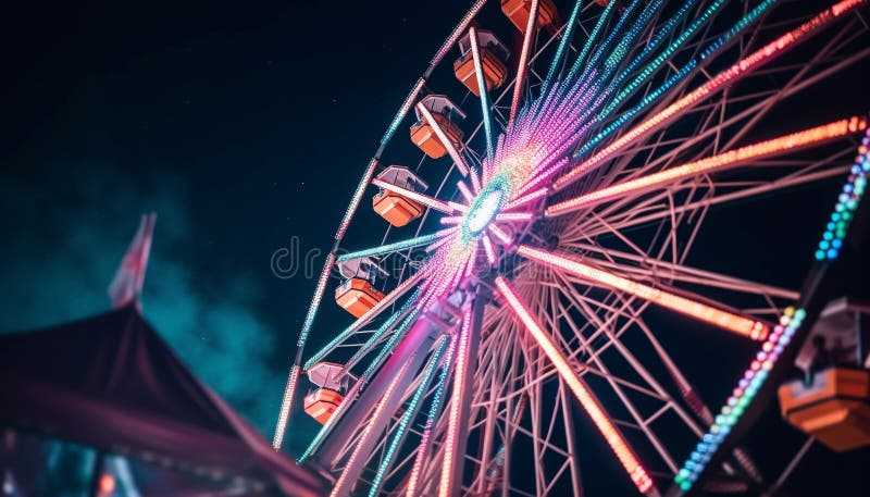 Spinning Wheel of Excitement, Illuminated by Vibrant Colors at Night ...
