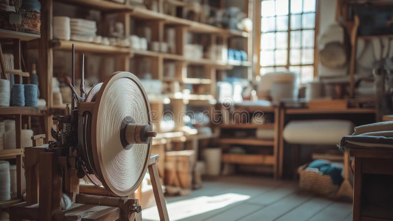 Spinning Wheel in Motion, Turning Wool into Thread, in a Homely ...