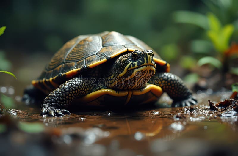 A Spiny Softshell Turtle Crawling Across Wet Forest Ground Near a ...